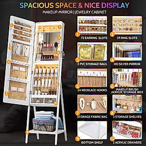 LVSOMT RGB LED Jewelry Mirror Cabinet, Standing Jewelry Armoire Organizer, Stand Up Full-Length Mirror with Jewelry Storage, LED Lighted Floor Mirror, 14 Lights + Dimmable + Adjustable Speed, White