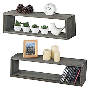 MyGift 24 Inch Wall Mounted Rustic Gray Solid Wood Cubby Floating Shelves, Display Storage Shelf for Bedroom, Living Room, Bathroom, Kitchen, Office, Set of 2