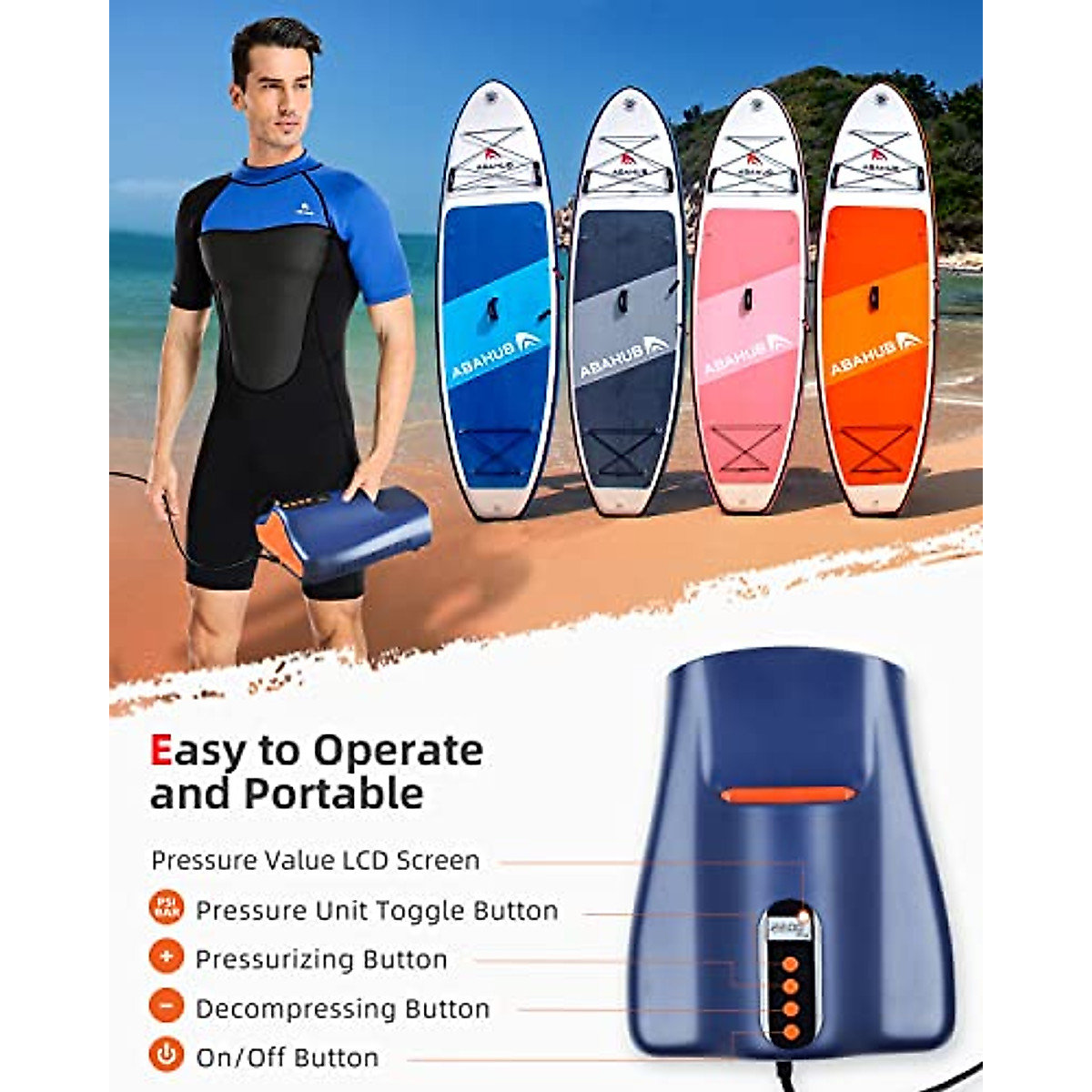 Abahub 22PSI SUP Electric Air Pump, Auto-Off Inflation & Deflation, Portable High Pressure Pump, 12 DV Car Connector for Inflatable Stand Up Paddle Boards, Kayaks, Boats