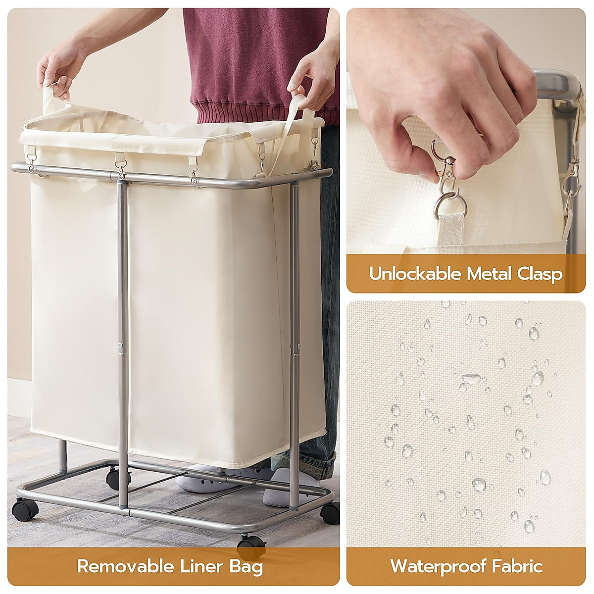 HOOBRO Laundry Basket with Wheels, 45 Gallons (170L) Rolling Laundry Hamper, Narrow Slim Laundry Sorter with Removable Oxford Fabric Bag, Laundry Room, Dorm Room, Bedroom, Beige and Silver SW05XY01