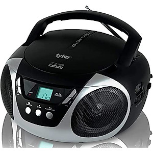 Tyler Portable CD Player Boombox Radio AM/FM Top Loading AC & Battery Compatible Aux Input & 3.5mm Headphone Jack Small Lightweight Compact Boom Box Home Stereo Speakers Carrying Handle Kids Silver
