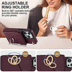 Nunwiza for iPhone 13 Pro Max Wallet Case with 360°Rotation Ring Holder Stand, RFID Blocking PU Leather Case Card Holder for iPhone 13 Pro Max 6.7'' Wine Red