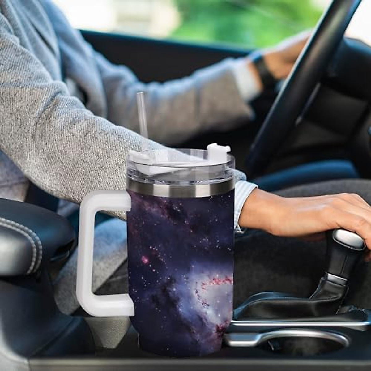 Night Galaxy Outer-Space Tumbler with Handle Travel Mug Water Bottle Tea Coffee Cup White-style