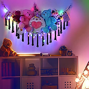 2 Set Large Stuffed Animal Toy Net Hammock with LED Light Plush Toy Hammock with Hooks Boho Corner Stuffed Animal Hanging Organizer for Kids Bedroom Nursery Decoration (Black)
