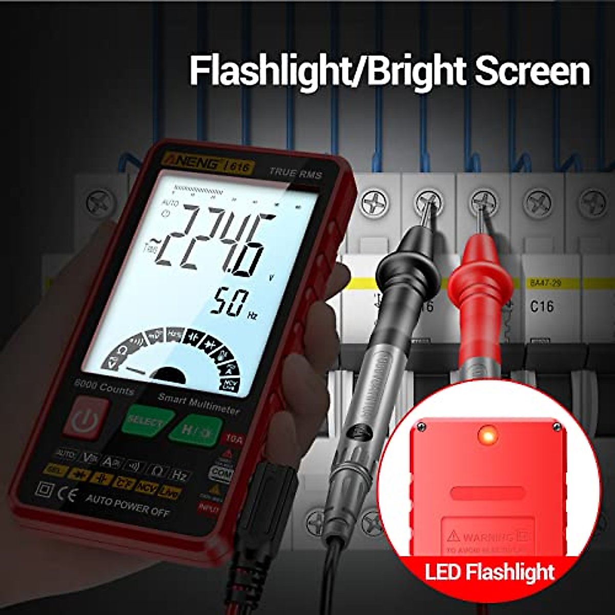 ANENG Digital Multimeter Smart Electrical Tester Auto-Ranging TRMS 6000Counts LCD Screen Voltmeter Measures NCV AC/DC Voltage Current Resistance Continuity Duty-Cycle Capacitance Temperature Frequency