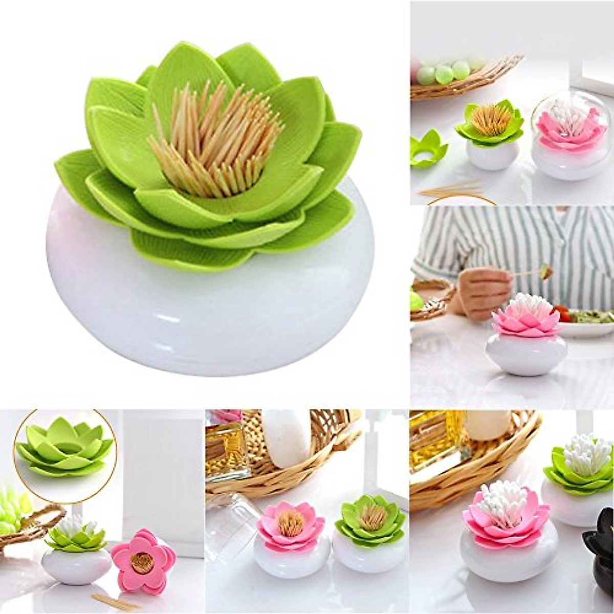 Cafurty Lotus Flowers Cotton Swab Holder, Q-tip Toothpicks Storage Organizer, Bathroom Vanity Canister (Green / Pink)
