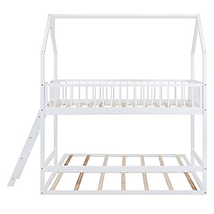 HABUHOME Twin Over Twin House Bunk Bed with Extending Trundle and Ladder, Wooden Bunk Bed Frame for Kids Teens Girls Boys - White