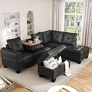 AWQM Upholstered Sectional Sofa w/Chaise Lounge, Modern L Shaped Sofa Couch with Storage Ottoman Bench, PU Leather Sectional Couches with Cup Holder for Living Room Small Space
