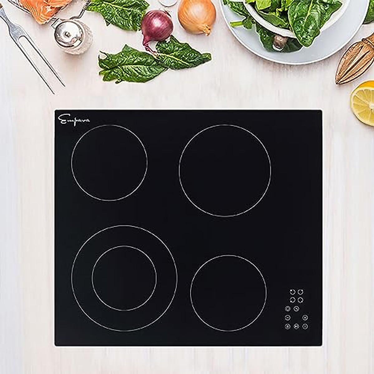 Empava 24-Inch Electric Radiant Cooktop 4 Burners Stove Top 6400W with 1-99 Minutes Timer and 9 Heating Levels Smooth Glass Surface in Black, 24 Inch