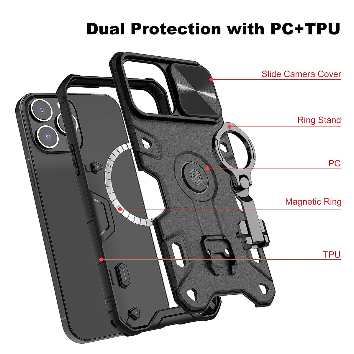 Nillkin Case for iPhone 13 Pro Max Case with Stand, Slide Camera Cover, Military Grade Shockproof Portective Case Compatible with MagSafe Wireless Charger&MagSafe Car Mount Holder, Black