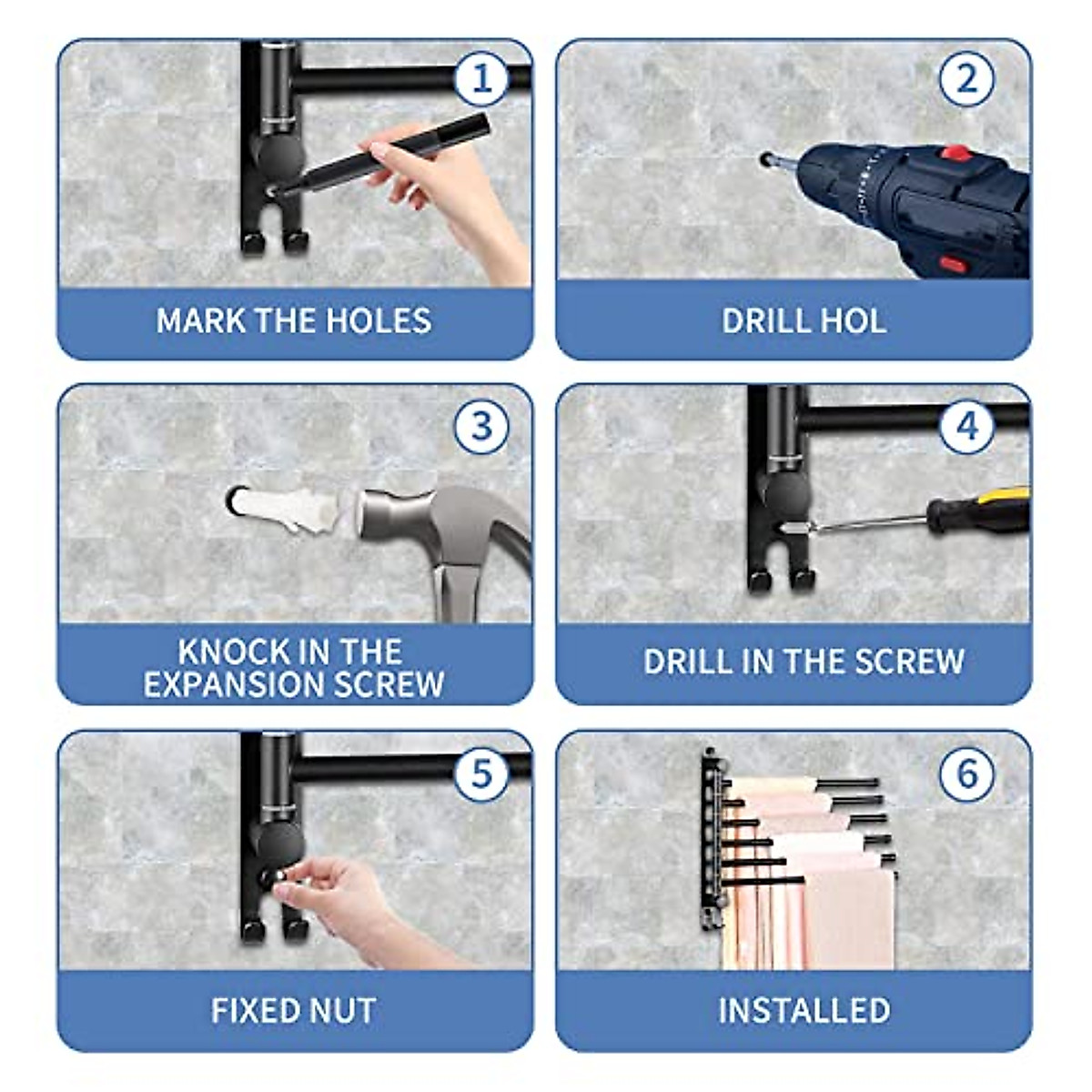 Swivel Towel Rack, Towel Bar with Wall Mounted 180° Rotation, 6-Arms Towel Hanger for SUS 304 Stainless Steel, Space Saving for Kitchen/ Bathroom, Matte Black