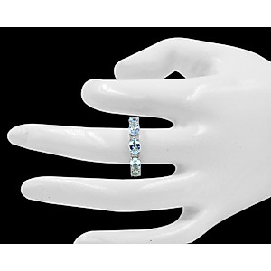 925 Sterling Silver Natural 6X4 MM Oval Cut Deep Aquamarine Gemstone March Birthstone Cluster Unisex Proposal Ring Wedding Jewelry Bridal Ring Birthday Gift Valentine's Day Gift For Her (Rhodium Plated Silver, 6.5)