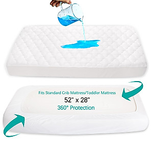 Crib Mattress Protector Waterproof & Noiseless Crib Mattress Pad Cover, Skin Friendly & Breathable & Machine Wash 100% Absorbent Crib Toddler Mattress Protector, (Quilted Improved Thickness)