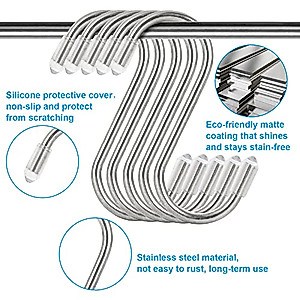 ABuff 100 Pcs S Hooks for Hanging with Rubber Stopper Non Slip, 2.75 Inch S Shaped Stainless Steel Hooks, Heavy Duty S Hooks for Clothes, Kitchen, Plant Pots, Bags, Cups(Silver)