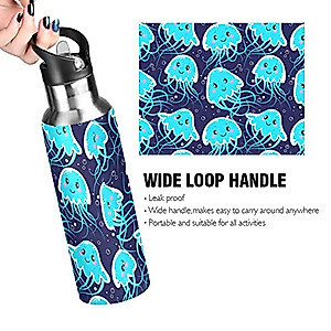 Cute Jellyfish Leak Free Insulated Bottles with Handle 32 oz Vaccuum Bottle with Straw Lid Thermal Bottle for Hot & Cold Drinks BAP-Free
