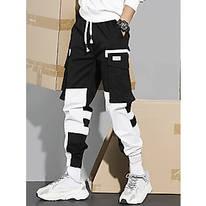 WDIRARA Men's Colorblock Patchwork Streetwear Cargo Pants Active Sporty Pants with Pockets Black and White S