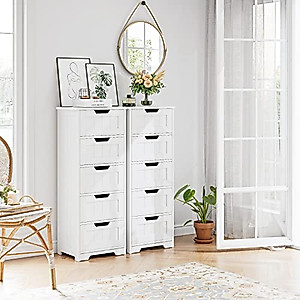 TTVIEW Bathroom Floor Cabinet with 5 Drawer Dresser, with Avoid-Tipping Device, White, Freestanding Side Tall Storage Cabinet Narrow Drawers for Small Spaces