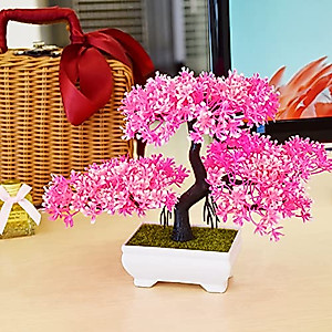 LYSTAR Artificial Pine Tree Bonsai - Realistic Plastic Tree for Office Desk Decor - Fake Bonsai with Natural Appearance and Texture, Perfect for Home and Workplace (Pink)