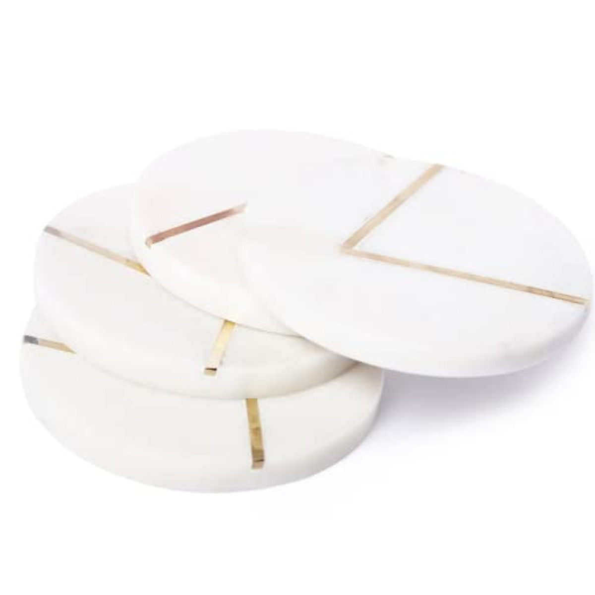 Hand Carved Natural White Marble Coasters - Set of 4 Half Mango Wood or Half Brass - Round Marble Coasters Set for Drinks. Brass/Wood & Marble Home Decor - Marble Coaster Set (Marble & Brass)