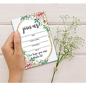Boho Floral Greenery Invitations with Envelopes for All Occasions, 25 Pcs Blush Pink Gold Foil Blank Fill-in Invites for Bridal Shower, Wedding Reception, Engagement Party(05)