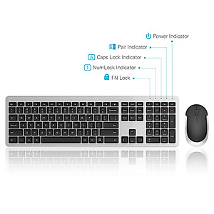 Wireless Keyboard and Mouse Combo - seenda Full Size Slim Thin Wireless Keyboard Mouse with On/Off Switch on Both Keyboard and Mouse - (Black and Silver)