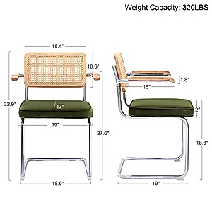 Zibeths Olive Green Dining Chairs, Cane Back Side Chairs with Armrest, Cesca Dining Chairs Set of 2, Velvet Upholstered and Chrome Legs for Dining Room, Living Room, Kitchen