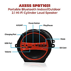 Axess SPBT1031 Portable Bluetooth Indoor/Outdoor 2.1 Hi-Fi Cylinder Loud Speaker with Built-in 3" Sub and SD Card, USB, AUX Inputs in Red