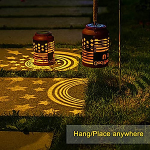 Solar Garden Lanterns Outdoor Waterproof Hanging Decorative American Flag Lights for Patio Yard Camping Deck Porch Outside Table Decorations