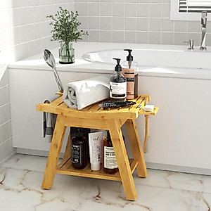 ETECHMART Bamboo Shower Bench Seat, A-Shaped Bath Spa Stool with Storage Shelf for Legs Shaving Inside Shower or Bathroom, Waterproof Wooden Shower Chair for Seniors Adults Disabled Elderly, Bamboo