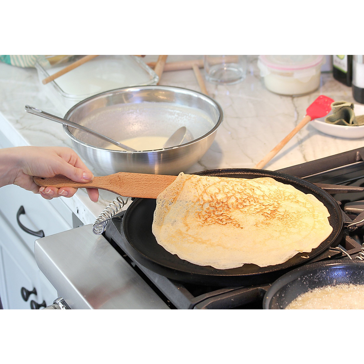 The ORIGINAL Crepe Spreader and Spatula Kit - 2 Piece Set (6” Spreader and 14” Spatula) Convenient Size to Fit Large Crepe Pan Maker | All Natural Beechwood Construction
