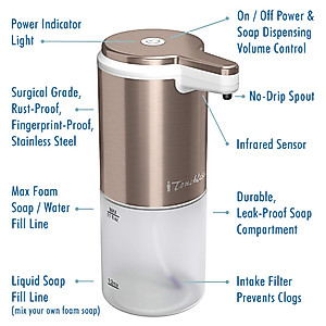 iTouchless, Rust-Free Stainless Steel Automatic Touchless Pump, Mix Your Own FoamSoap, Restroom, Bathroom, Kitchen, Save Time and Money, Soap Dispenser, 11 fl oz, Ultraclean, Rose Gold