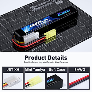 Zeee 3S Airsoft Lipo Battery 1300mAh 11.1V 25C 3S Stick Battery with Mini Tamiya Connector for Airsoft Guns Rifle