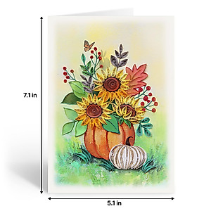 Thanksgiving Card - Sunflowers Vase Greeting Card, Quilling Fall Thank You Card, Seasons Greetings Card, Happy Thanksgiving Card for Husband, Wife, Parents, Friends, Granddaughter, Blank Inside