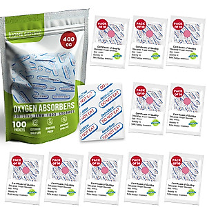 400cc Oxygen Absorbers for Food Storage 100 Pack - Sealed Packs of 10 for Freshness - Ideal for Mylar Bags, Mason Jars, and Freeze Dried Foods. Moisture Proof, Prevents Spoilage, Extends Shelf Life