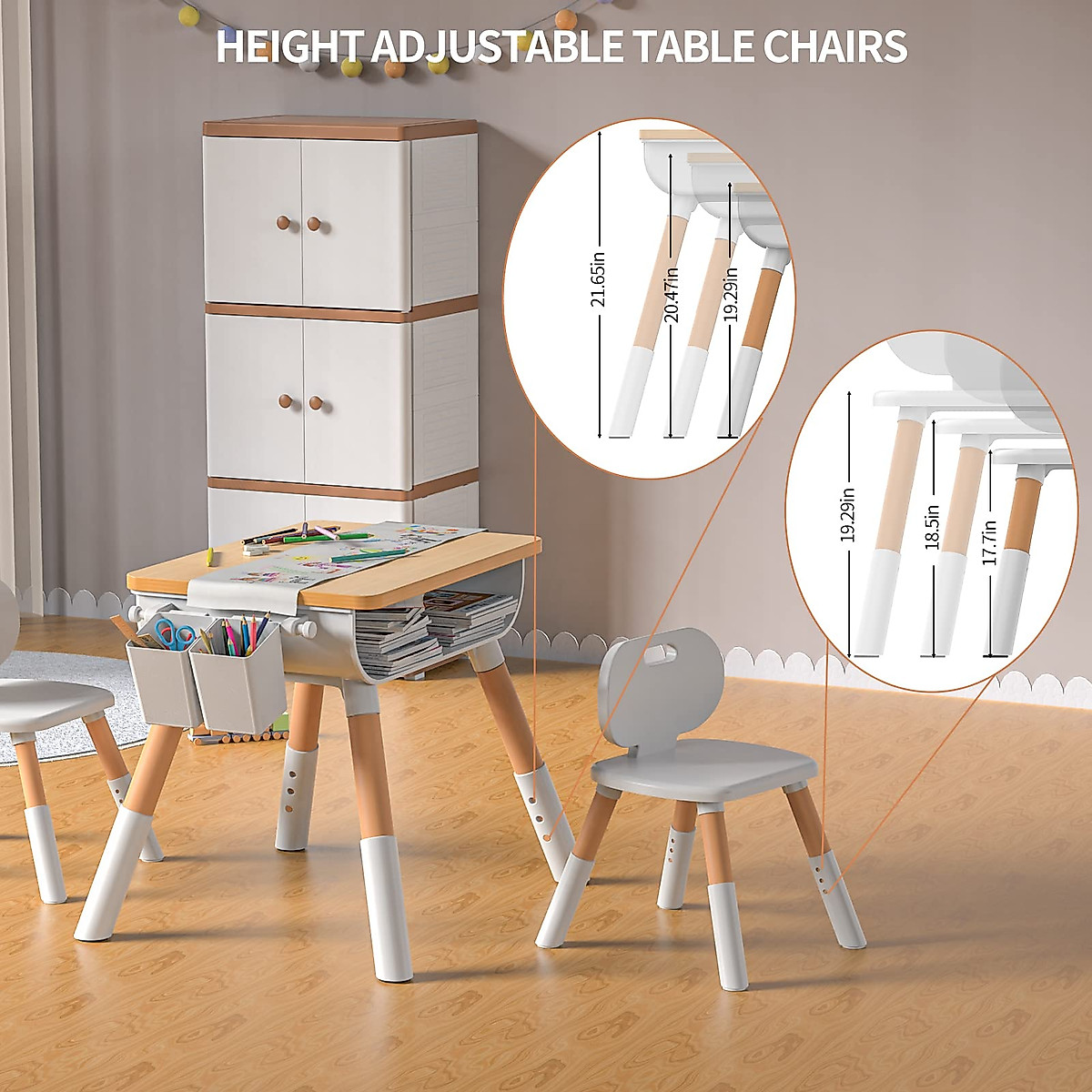 Kids Table and Chair Set, Kids Table and 2Chair Set, Kids Study Table and Chairs Set, Adjustable Height, Built-in Storage, Modern Design for Kids Arts & Crafts, Homework & Play