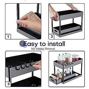 Lowery House 2-Tier Under Sink Organizer - Multifunctional Sliding Storage Countertop Kitchen - Hanging Cups and Hooks - Rust Free & Easy to Assemble
