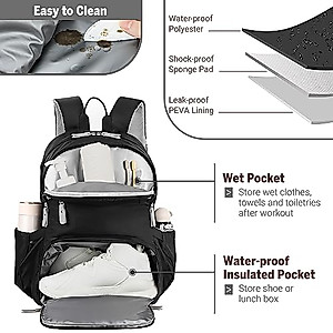 MoKo Womens Gym Backpack, Large Travel Backpack with Shoe Compartment Sports Bag with Wet Pockets 15.6 Inch Laptop Backpack Water Resistant Anti Theft Back Pack for Women Gifts, Black/Gray