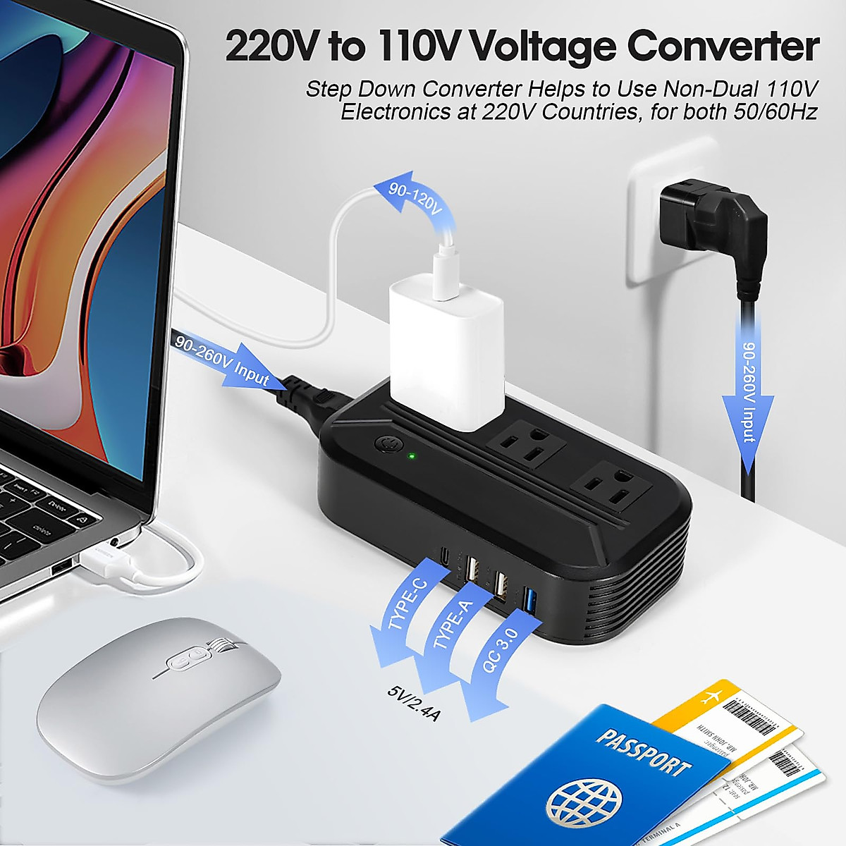 Voltage Converter 2300W International Power Converter Step Down 220v/240v to 110v/120v Travel Adapter Transformer w/ 4 USB 3 AC Outlets 7 Worldwide Plug Adapters EU/US/AU/IT/UK/India/South Africa