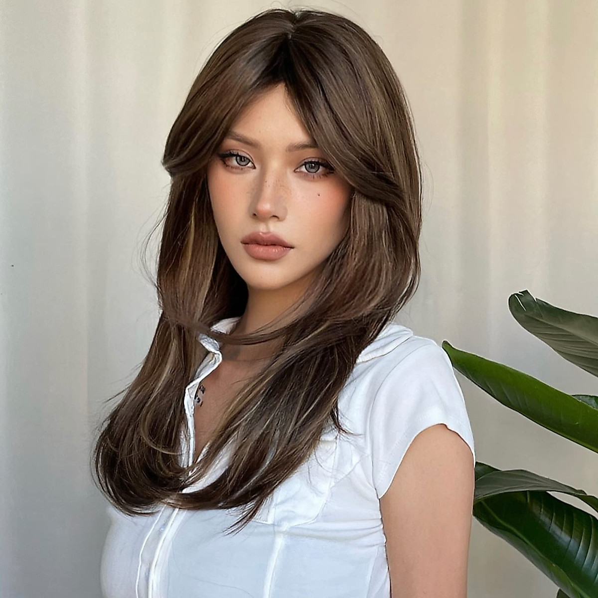 HAIRCUBE Long Brown Wigs for Women Layered Synthetic Hair Wig with Highlight