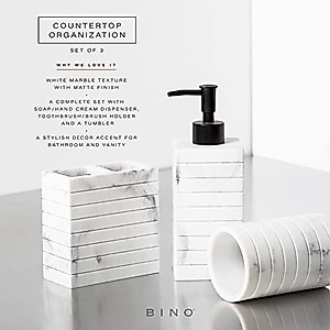 BINO Bathroom Accessories Set - Matte Marble | Soap Dispenser | Toothbrush Holder | Tumbler | 3-Piece Bathroom Organizer Countertop Set | Bathroom Decor | Home Decor | Bathroom Set