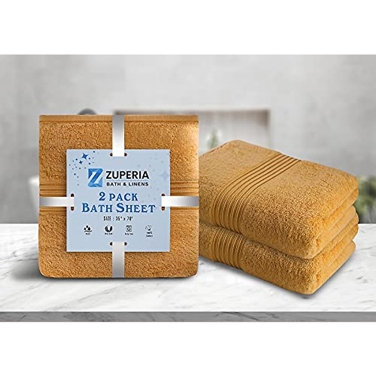 ZUPERIA 100% Combed Cotton Bath Sheet- 600 GSM- (35" x 70") 2 Pack Ultra Soft Large Bath Towels, Highly Absorbent Daily Usage Oeko-TEX Certified Ideal for Pool, Home, Gym (Beige)