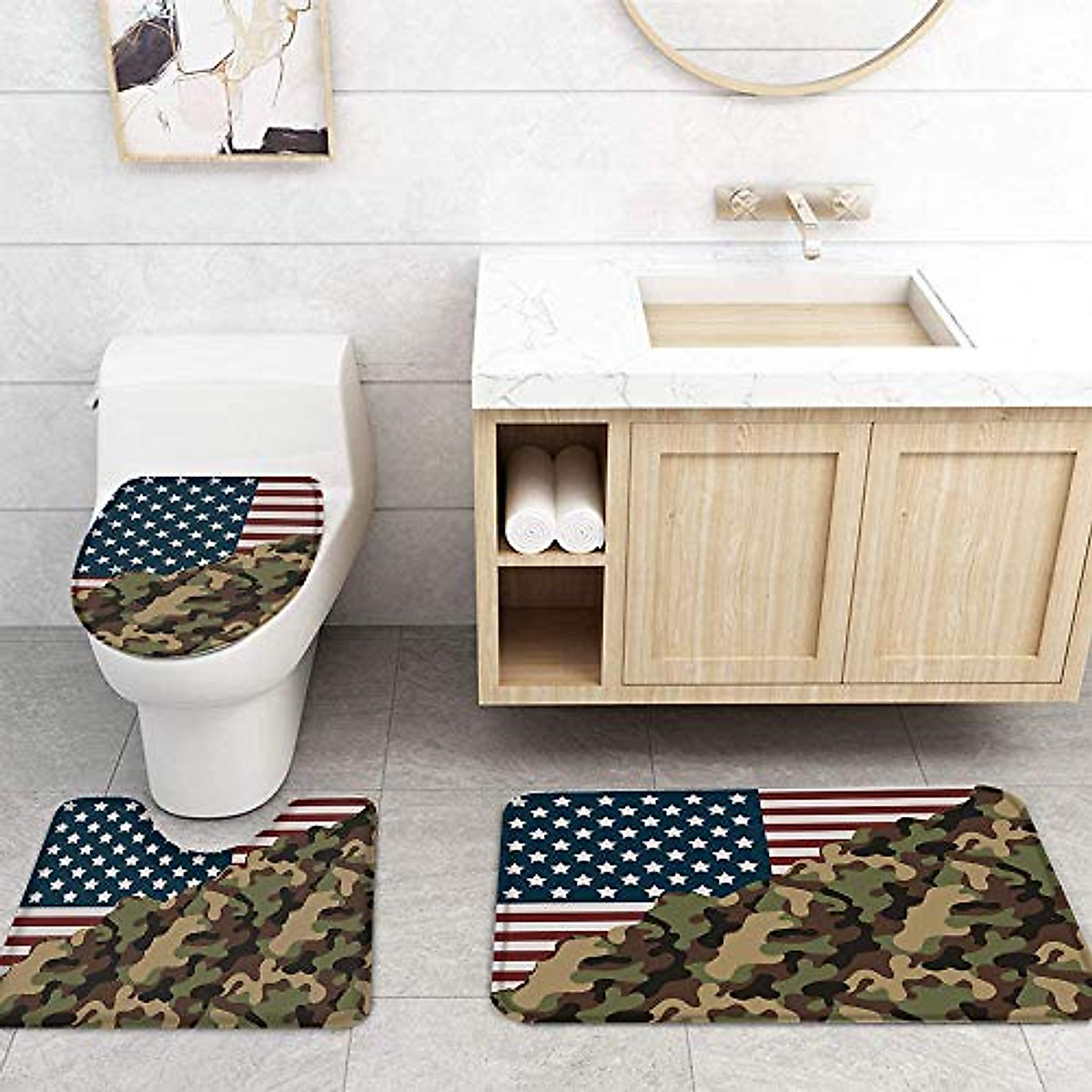 USA Flag with Army Camouflage 4 Pcs Shower Curtain Sets with Non-Slip Bathroom Rugs Toilet Lid Cover and Bath Mat, Durable Waterproof Curtains with Hooks Woodland Camo