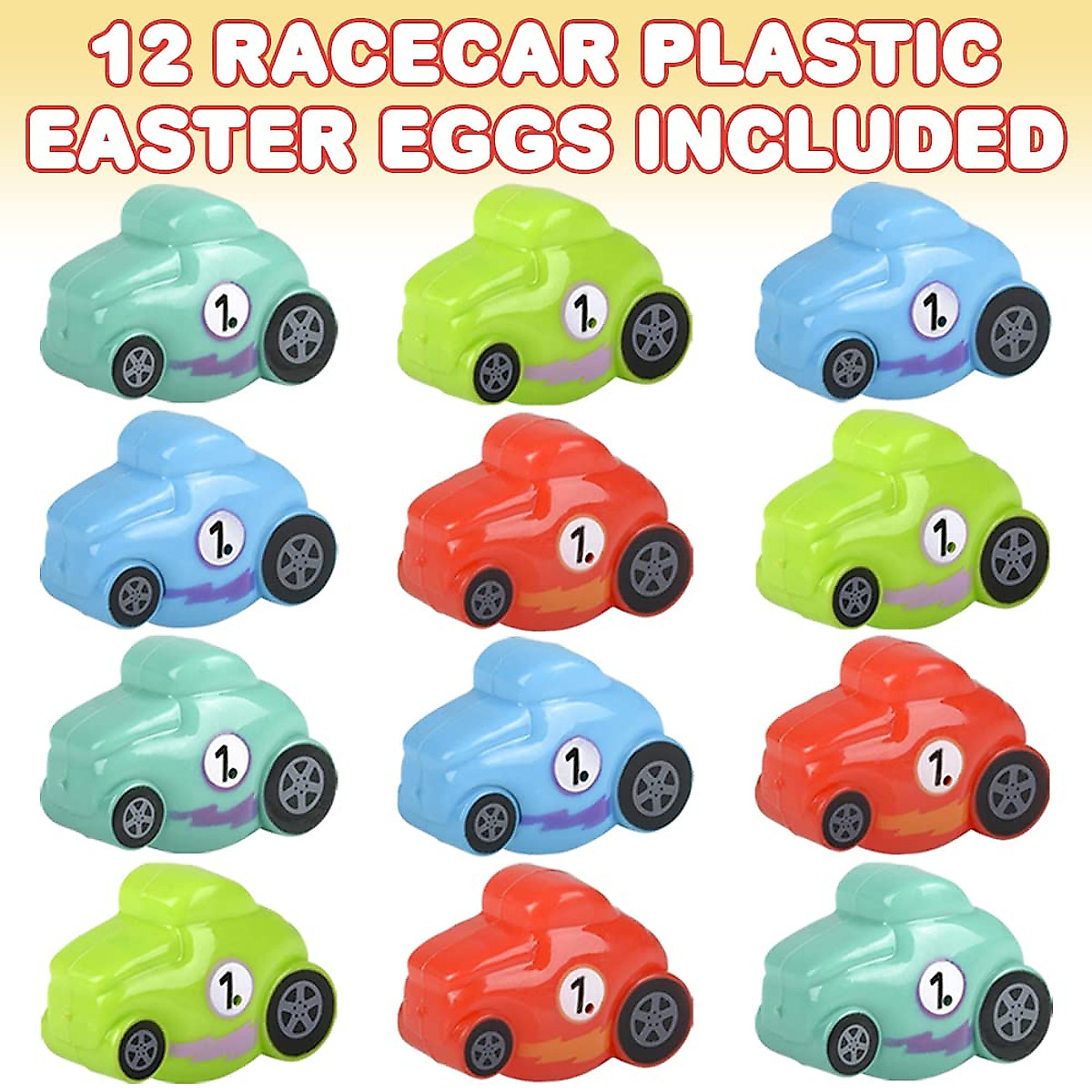ArtCreativity Race Car Plastic Easter Eggs for Kids, Set of 12, Easter Eggs in Colorful Toy Car Designs, Detachable Halves for Easy Filling, Great as Easter Egg Hunt Supplies and Party Favors