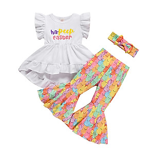 Noubeau Toddler Baby Girl Easter Outfits Ruffle Letter Rabbit Print Dress Shirt Top Leopard Bell-Bottom Flare Pant Headband (White, 18-24 Months)
