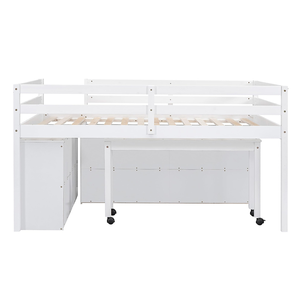 Full Size Low Loft Bed with Rolling Portable Desk, Full Bed Frame For Kids With Storage Cabinet, Drawers and Shelves, Multiple Functions Wood Loft Bed Frame for Girls Boys, Space Saving, White