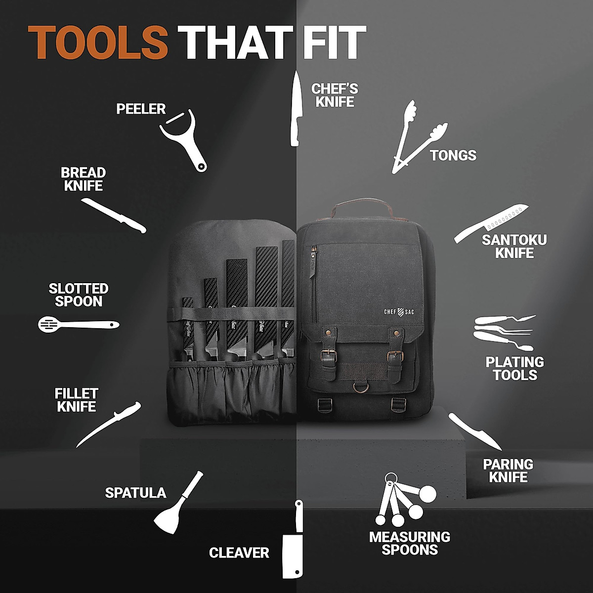 Chef Knife Bag Retro Backpack | 20+ Slots for Knives and Chef Tools | Knife Carrying Case with Hidden Back Pocket for Tablet | Sturdy Knife Bags For Chefs & Culinary Students | Premium Canvas (Black)