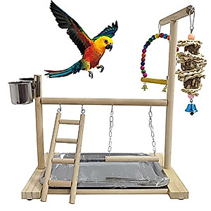 Hamiledyi Bird Playground Parrots Play Stand Natural Wooden Parrot Perch Gym Playpen Pet Parakeet Ladders with Feeder Cups for Cockatoo Conure Cockatiel Cage Accessories Exercise Toy (Include a Tray)