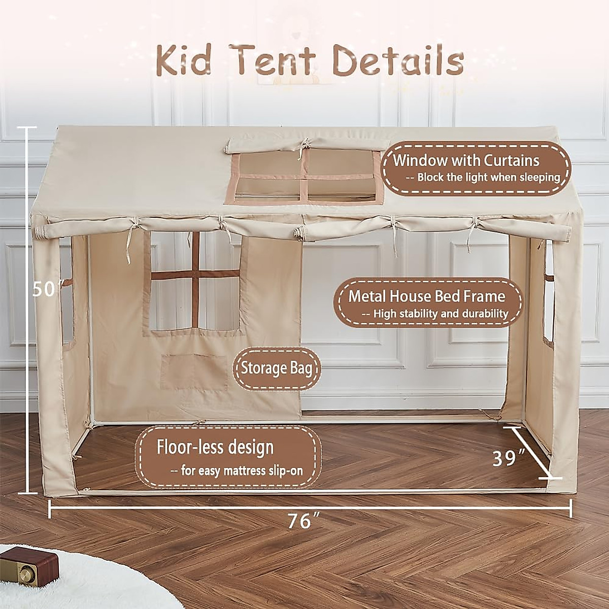WANFASO Twin Bed Tent Indoor Bed Canopy Kids Tents with 2 Doors, Breathable Private Space Floor Fort Bed Tents for Kids Adult Sleeping Tent (Twin, Khaki)