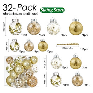 SLK Ornaments Shatterproof, 32 Counts Xmas Plastic Clear Christmas Balls Hanging Tree Glittering Balls with Stuffed Decorations Multi Size Gold