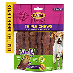 Cadet Gourmet Triple Chews Pork Hide, Apple, & Duck Dog Treats - Healthy Dog Treats for Small & Large Dogs - Inspected & Tested in USA (6 Count)